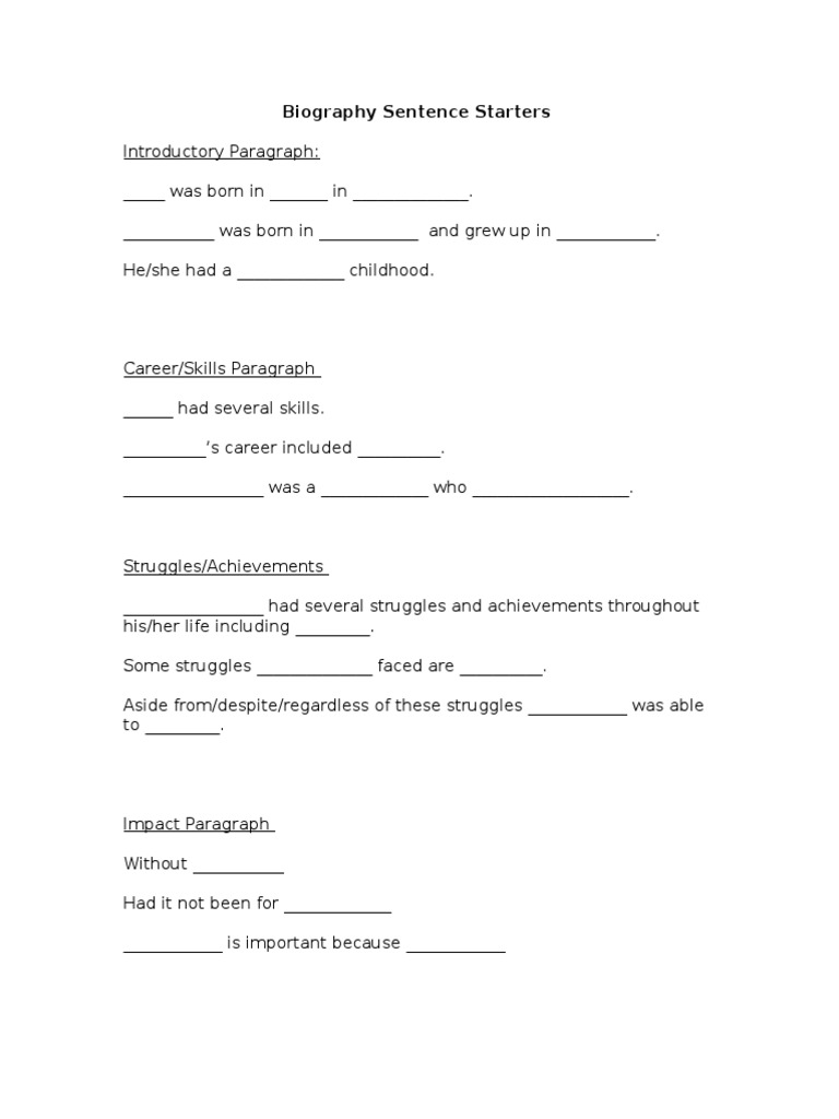 Biography Sentence Starters | PDF