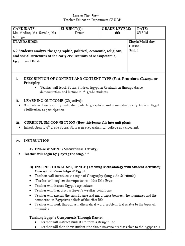 Lesson Plan Form - 6th Grade | PDF