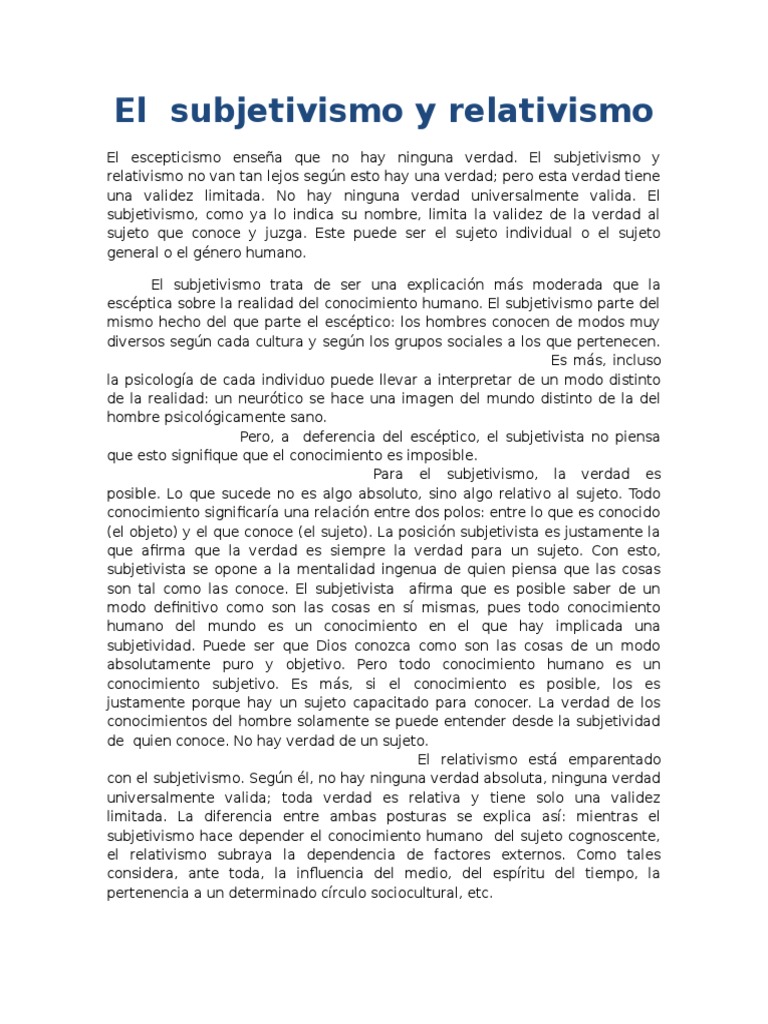 El Subjetivismo y Relativismo | PDF | Relativismo | Verdad
