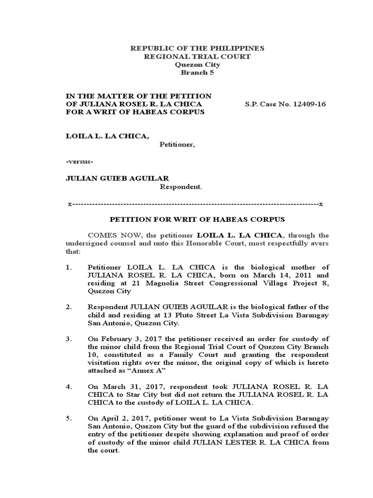 Petition of Habeas Corpus of the Custody of Minor | Habeas Corpus | Writ