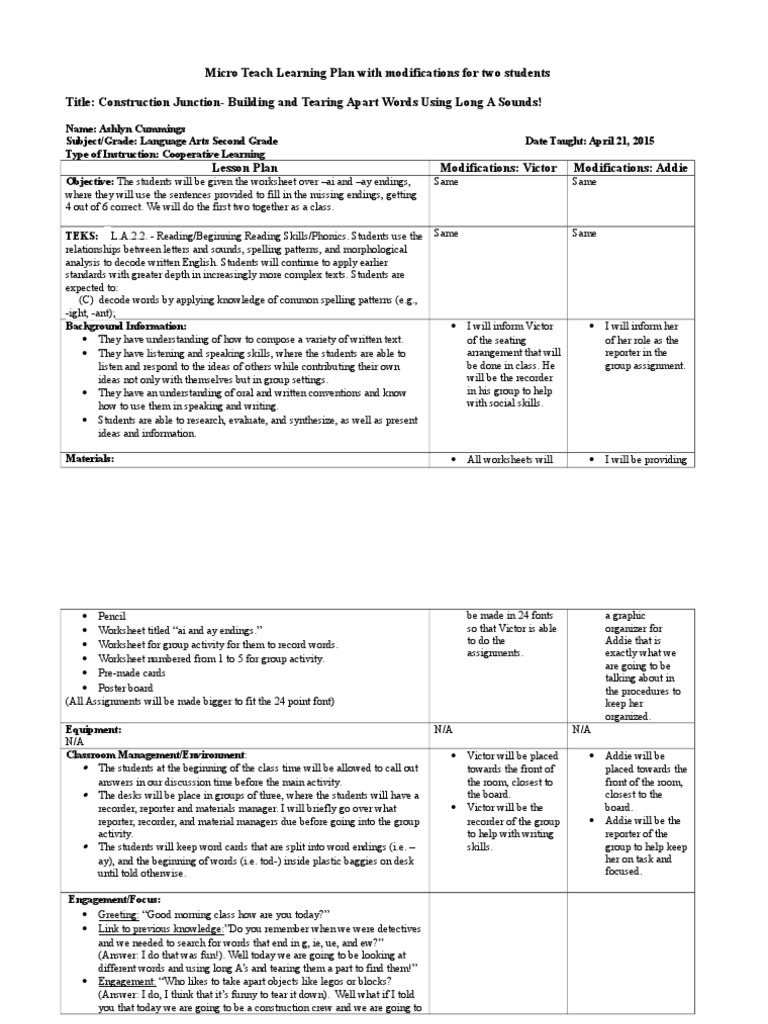 Learning Plan Template For Microteach 3 1 1 | PDF | Reading (Process ...