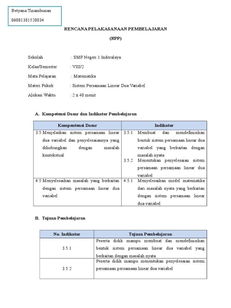 RPP Model NHT SPLDV | PDF