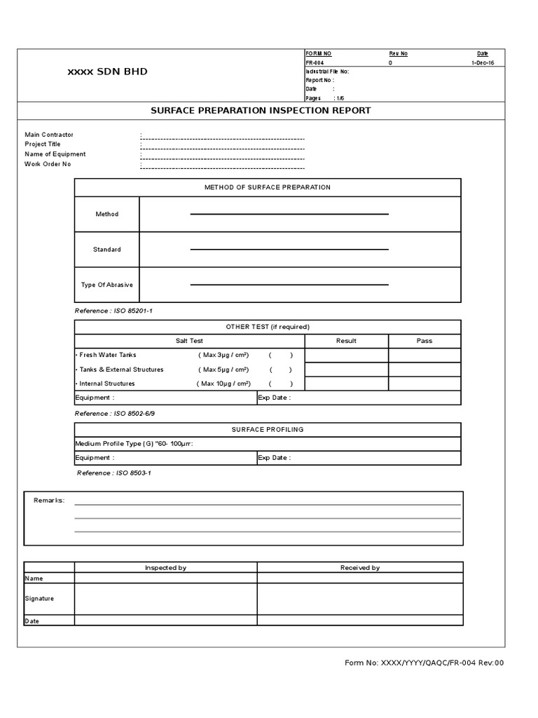 DTEC FR04 REV00 Surface Preparation Inspection Report | PDF