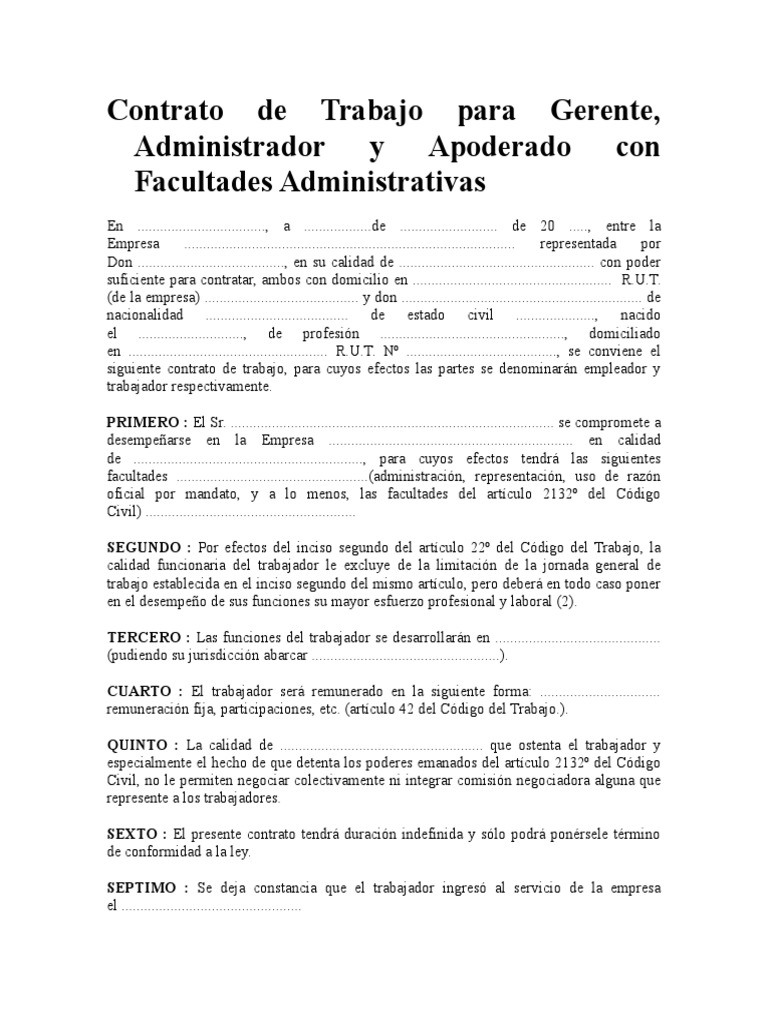 Contrato de Trabajo Para Gerente, Administrador y Apoderado Con ...