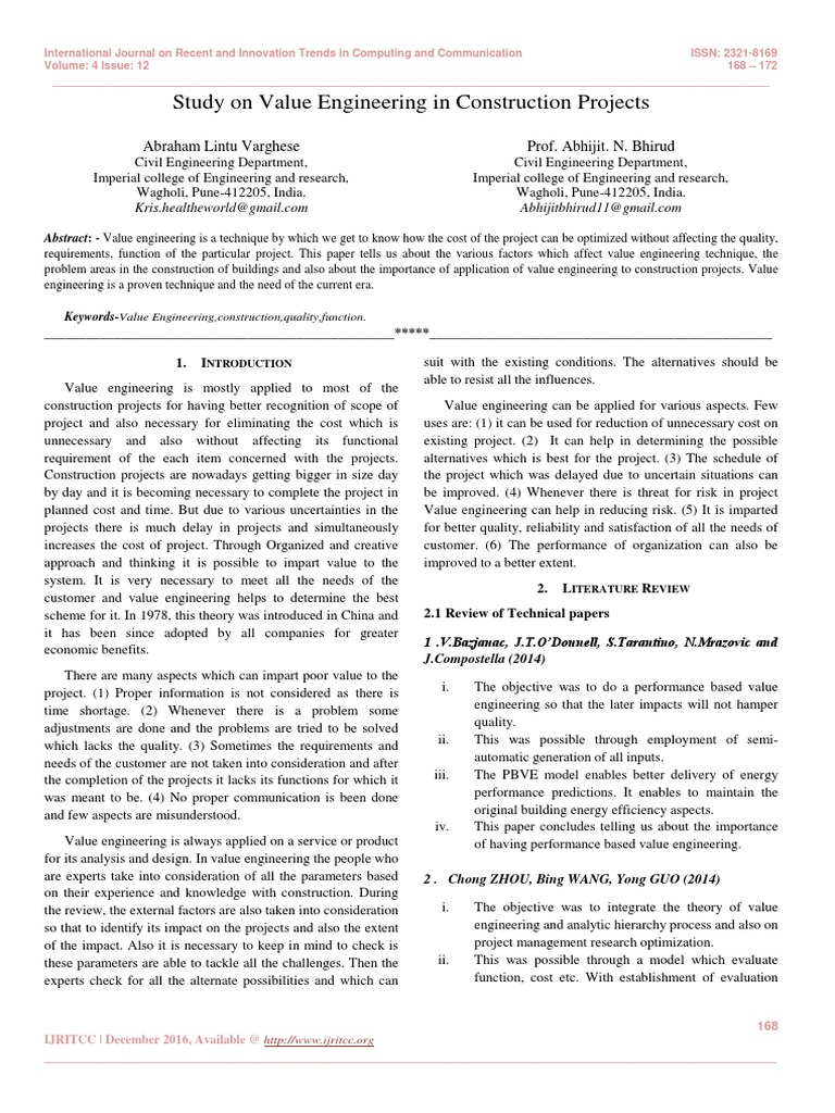 Value Engineering in Construction Projects | PDF