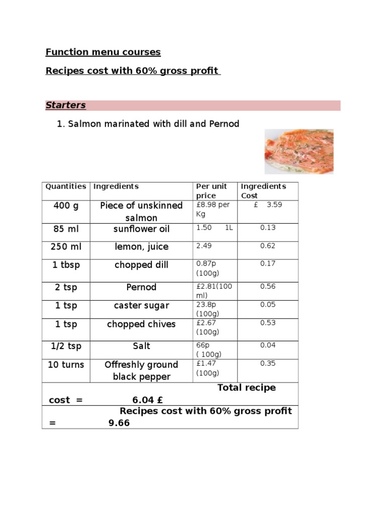 Function menu courses: Recipes and costs analysis for starters, salads ...