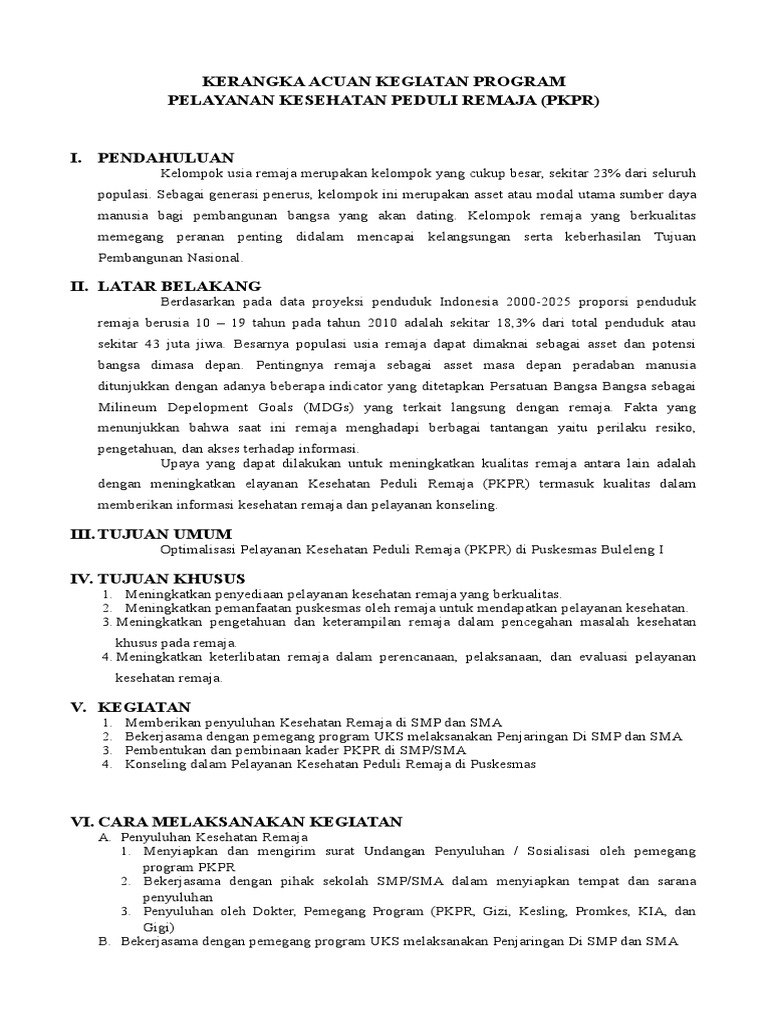 Kerangka Acuan Kegiatan Program Remaja | PDF