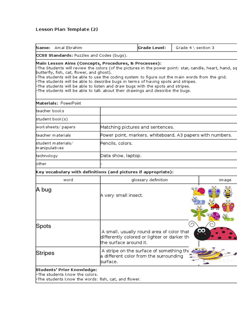 A Bug: Lesson Plan Template | PDF | Lesson Plan | Behavior Modification