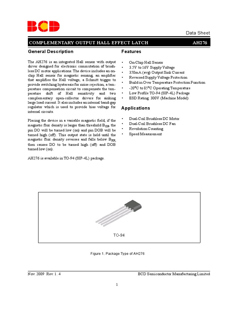 AH276 Hall Effect Latch Datasheet | PDF | Physics | Force