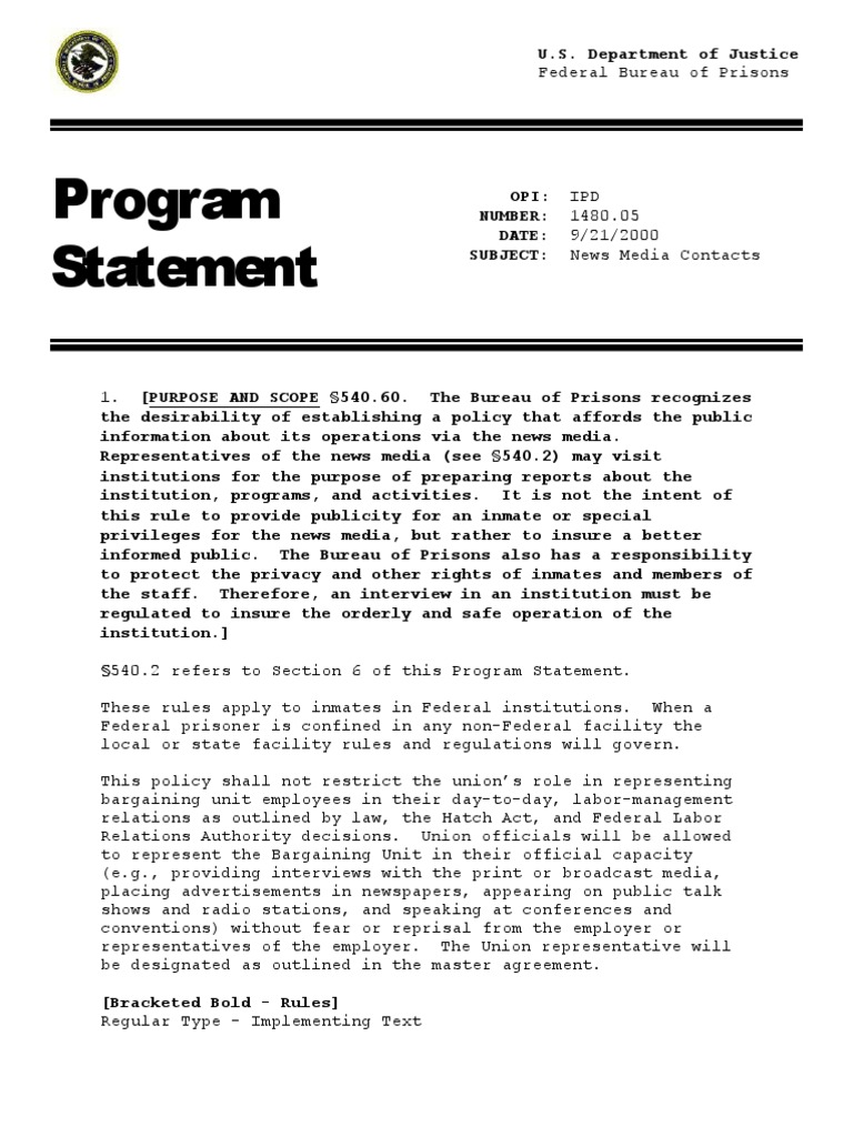 U.S. Department of Justice - Federal Bureau of Prisons - Statement On ...