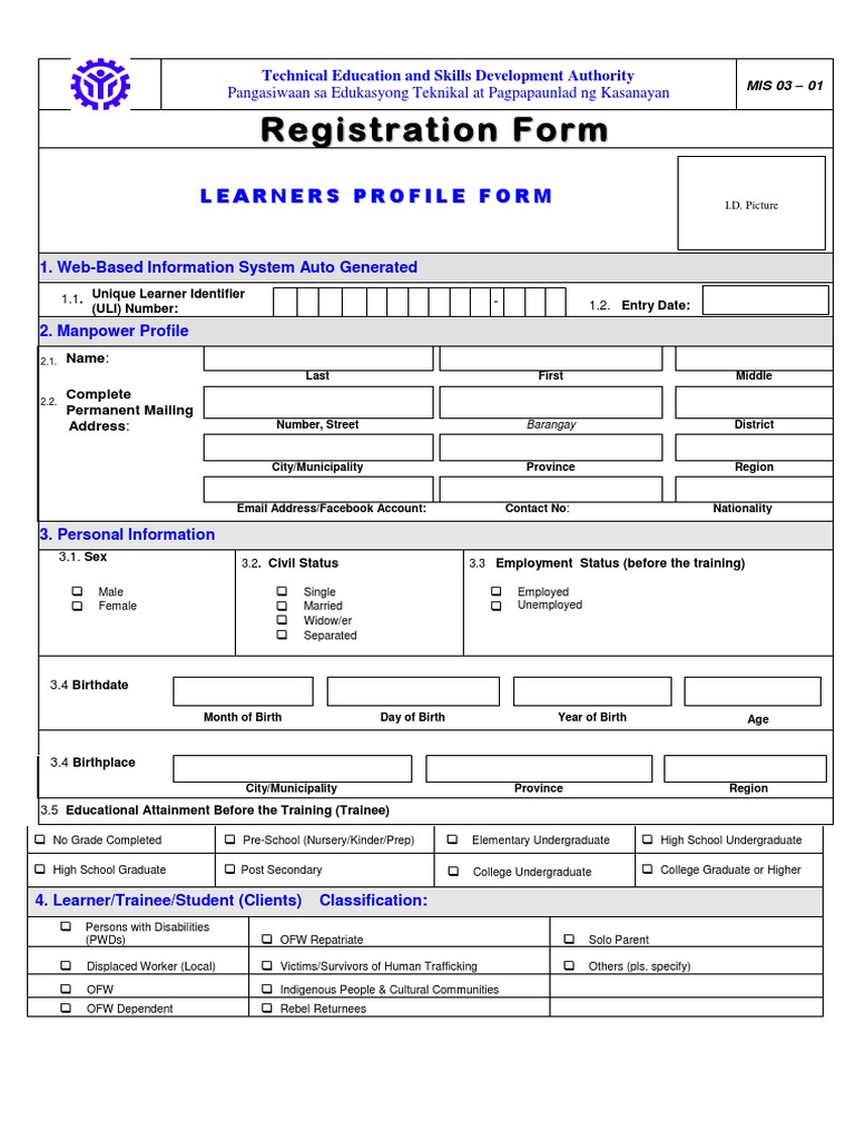 Registration Form MIS 03 01 Trainees Profile Form | PDF | Secondary ...