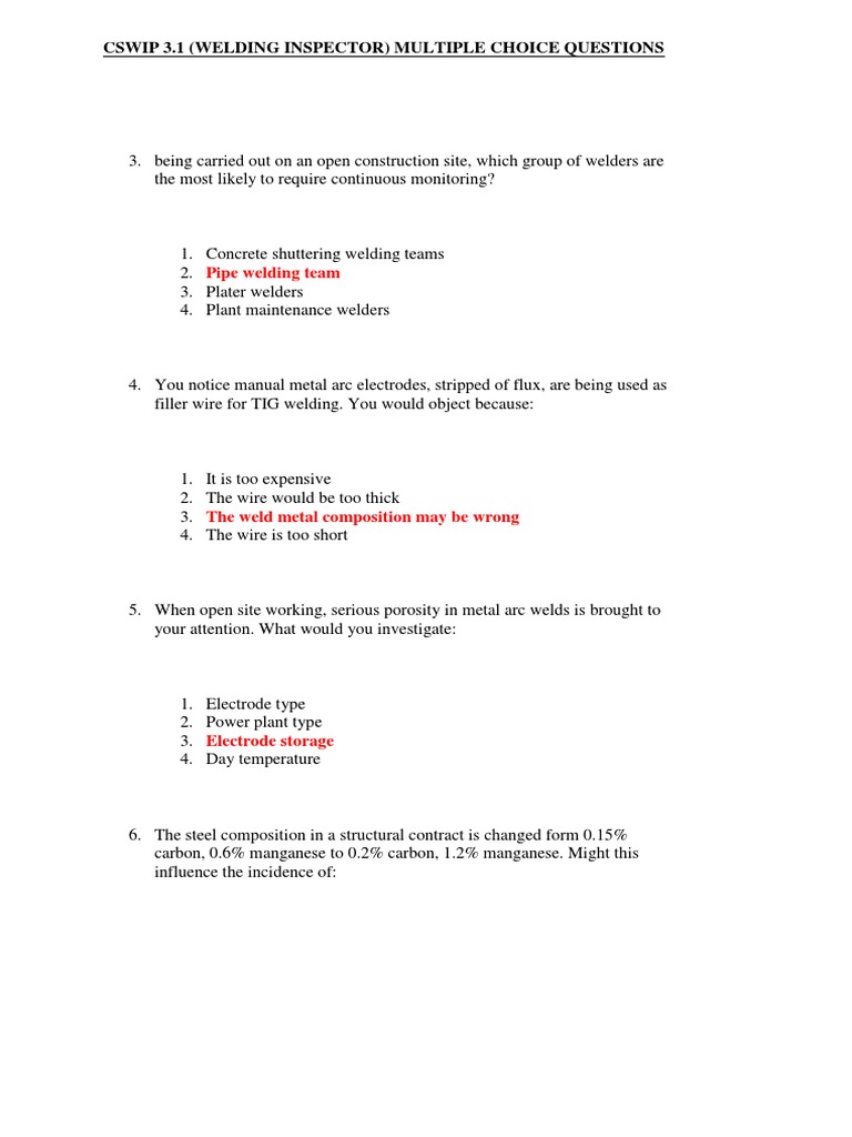 Pipe Welding Team: Cswip 3.1 (Welding Inspector) Multiple Choice ...