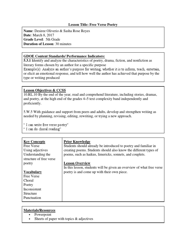 5th Grade Free Verse Poetry Lesson | PDF | Poetry | Psychological Concepts