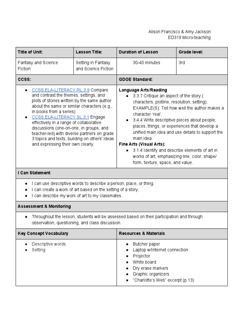 3rd Grade Fantasy & Sci-Fi Lesson Plan | PDF | Hay | Teaching And Learning