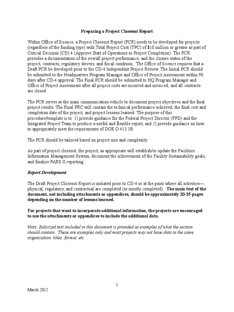 Project Closeout Report Guidelines | PDF | National Environmental ...
