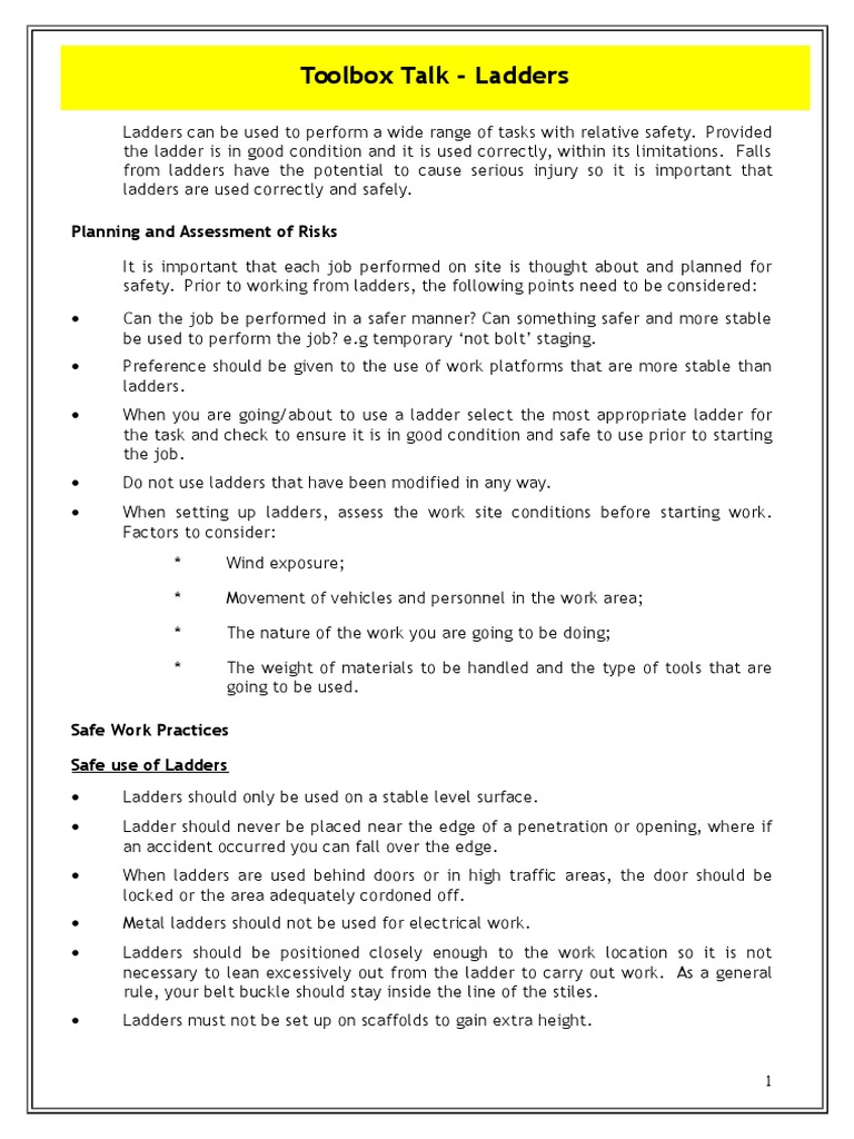 Toolbox Talk - Ladders: Planning and Assessment of Risks | PDF | Ladder ...