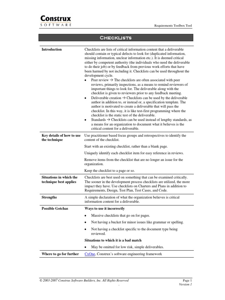Checklists: Requirements Toolbox Tool | PDF | Software Prototyping ...