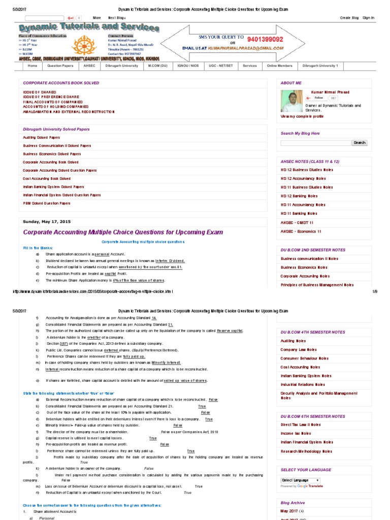 Dynamic Tutorials and Services - Corporate Accounting Multiple Choice ...