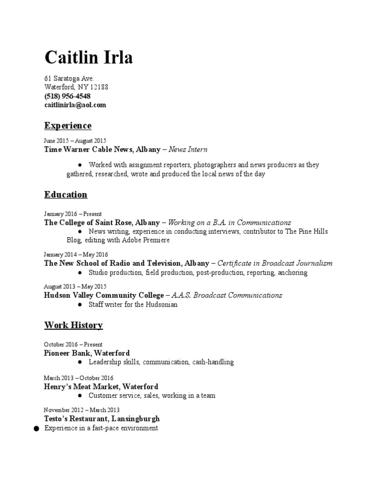 Caitlin Irla Resume-Finsihed | PDF | Media Formats | Broadcasting