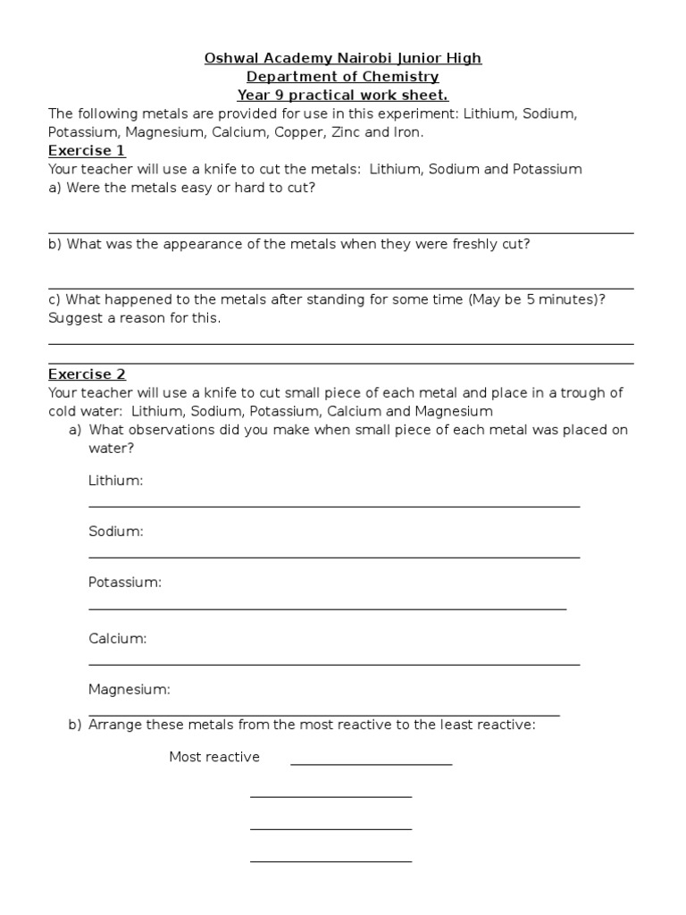 Year 9 Experiment Work Sheet | PDF