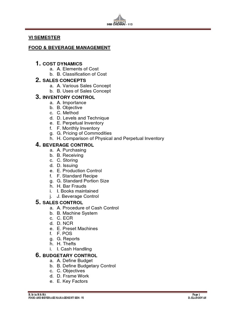 IHM Chennai Food and Beverage Management Notes | PDF | Inventory | Prices