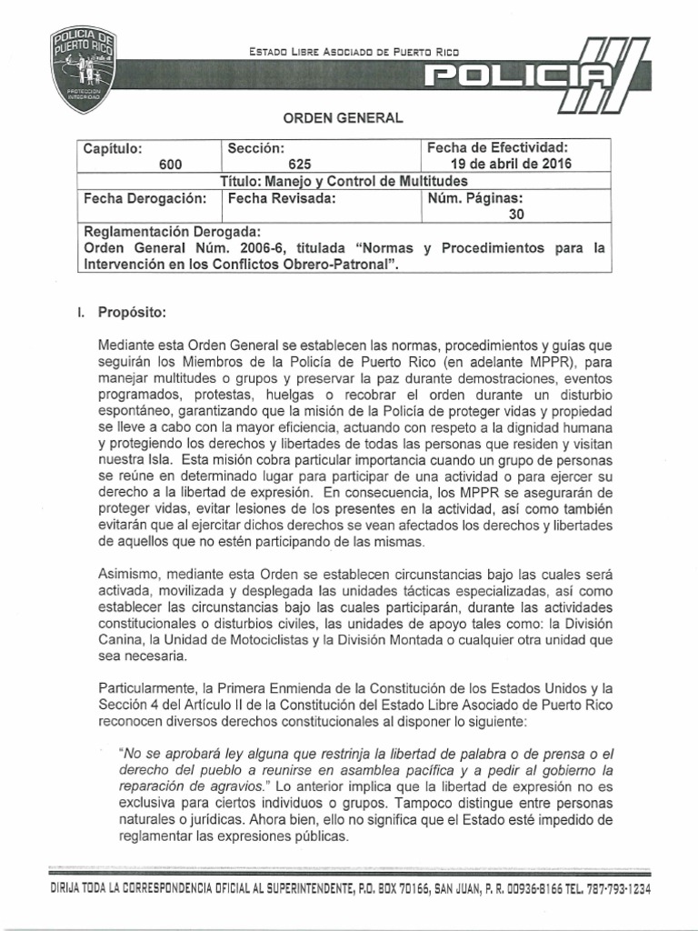Orden General Cap. 600 Secc. 625 Manejo y Control de Multitudes | PDF