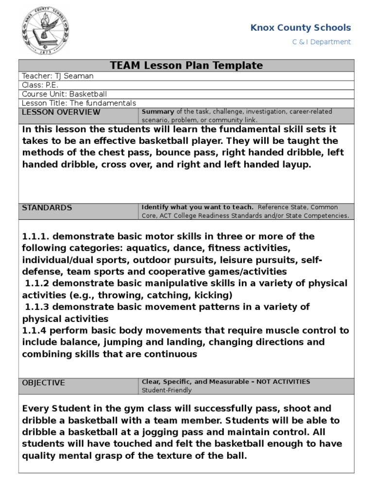 TEAM Lesson Plan Template: Teacher: TJ Seaman Class: P.E. Course Unit ...