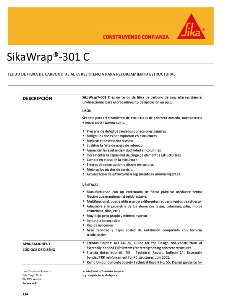 Tejido Fibra Carbono Reforzamiento Estructural Sikawrap 301 C | PDF ...