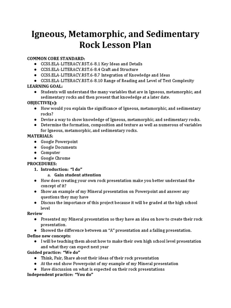 Igneous, Metamorphic, and Sedimentary Rock Lesson Plan: Common Core ...