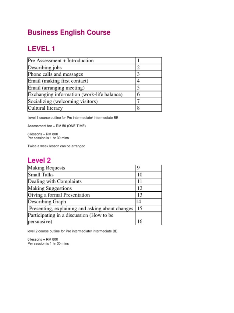 Business English Course Outline PDF | PDF