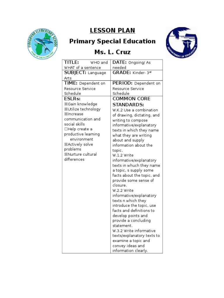 Lesson Plan Primary Special Education Ms. L. Cruz | PDF | Lesson Plan ...