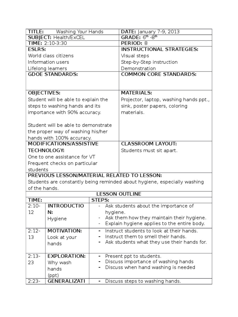 Washing Your Hands LP | Hand Washing | Lesson Plan