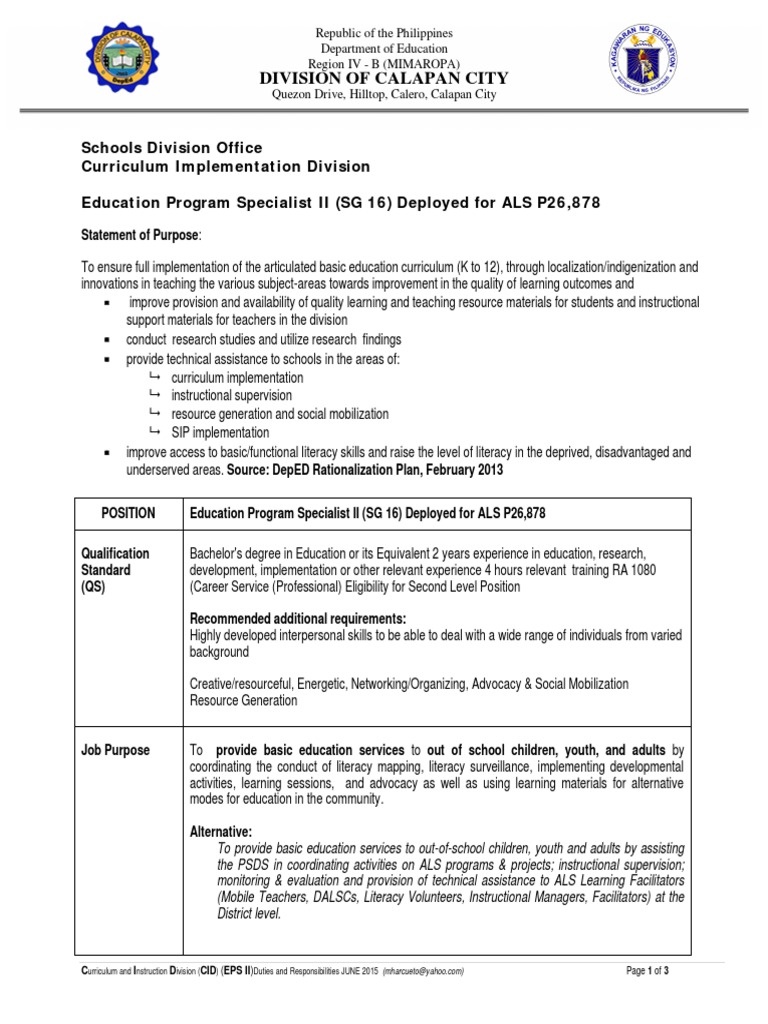 CID - Education Program Specialist II (SG 16) Deployed For ALS | PDF ...