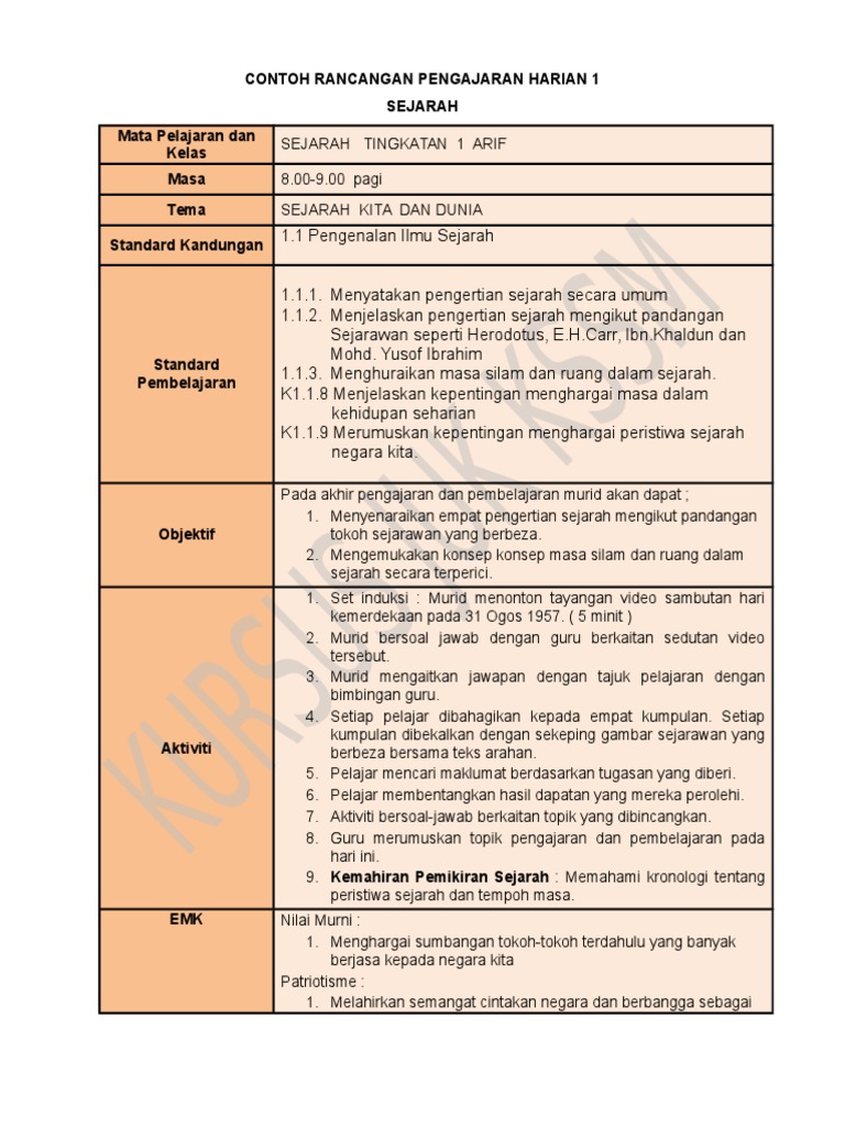Contoh 1 RPH Sejarah Tema 1 | PDF