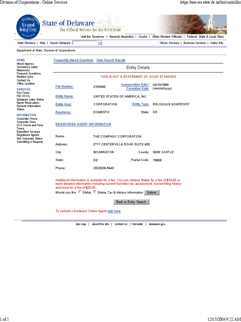 USA INC Corp Registration in Delware | PDF | Registered Agent | Delaware