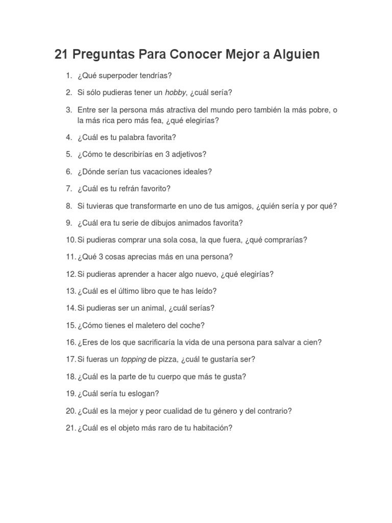 21 Preguntas Para Conocer Mejor A Alguien Pdf Pdf