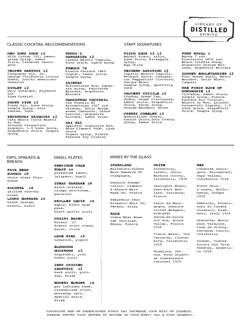 Library of Distilled Spirits Menu | Mixed Drinks | Distilled Drinks