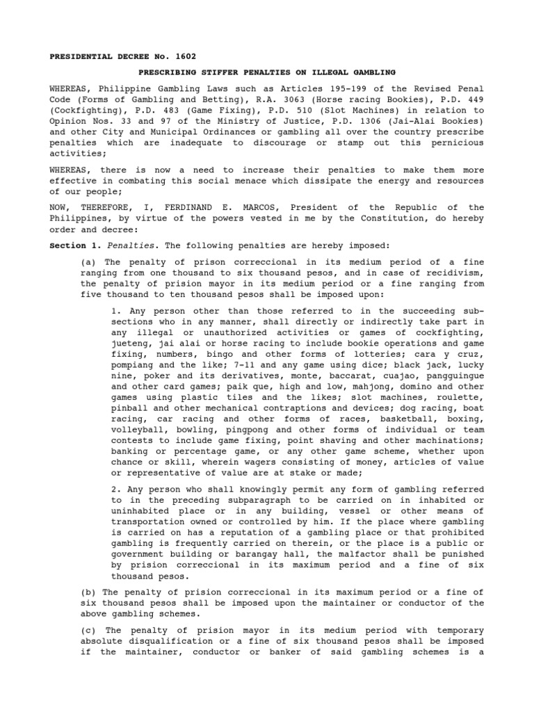 Presidential Decree No. 1602 Prescribing Stiffer Penalties On Illegal ...