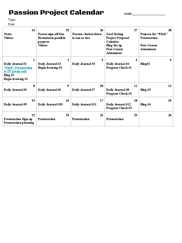 Passion Project Calendar: Topic: Goal | PDF