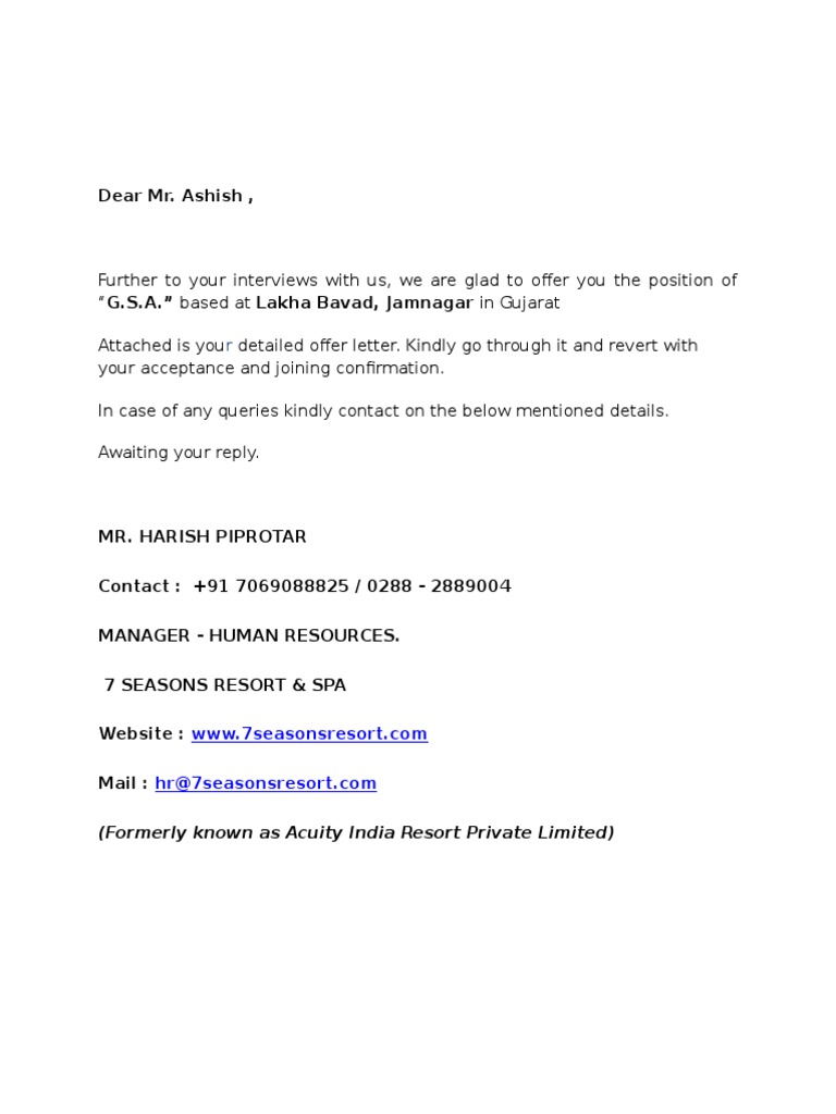 Ashish Prasad F&B Offer Letter | PDF