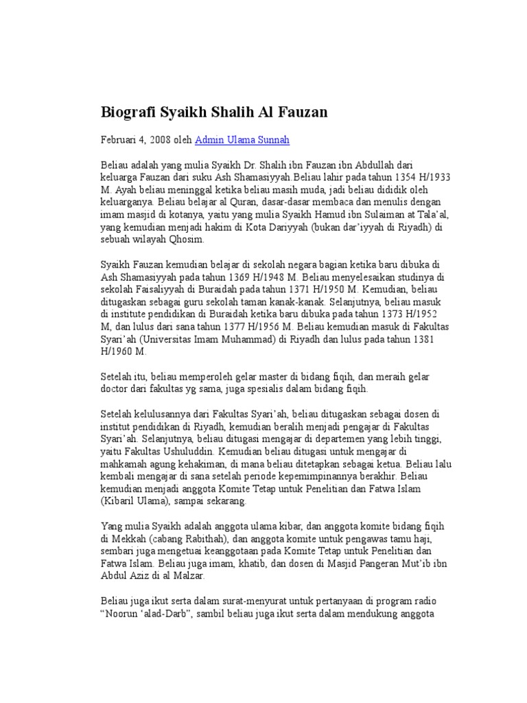 Biografi Syaikh Shalih Al Fauzan | PDF