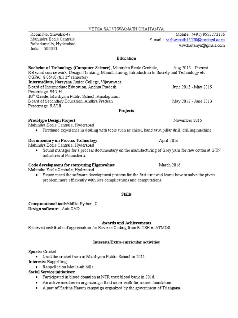 Vetsai Viswanath Chaitanya's Resume | PDF | Computers