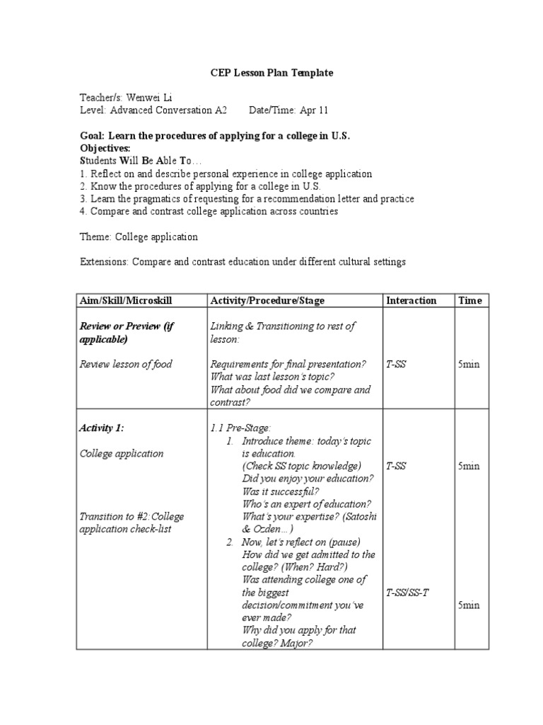CEP Lesson Plan Template: Review or Preview (If Applicable) | PDF | Lesson Plan | Reading ...