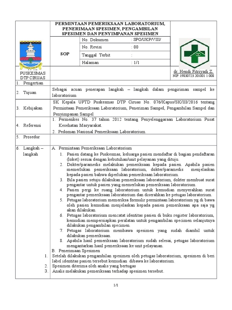 Ep 8 1 2 1 Sop Penerimaan Sampel Lab Oke | PDF | Pengembangan Diri