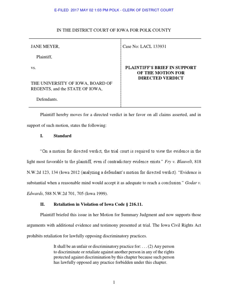 Meyer Directed Verdict Brief | PDF | Summary Judgment | Discrimination