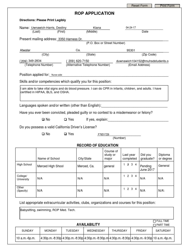 Rop Job Application With Availability - Fillable For Website | PDF ...
