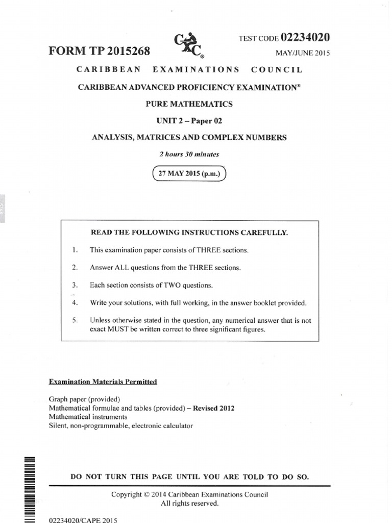 Cape Pure Maths 2015 Unit 2 Paper 2 | PDF