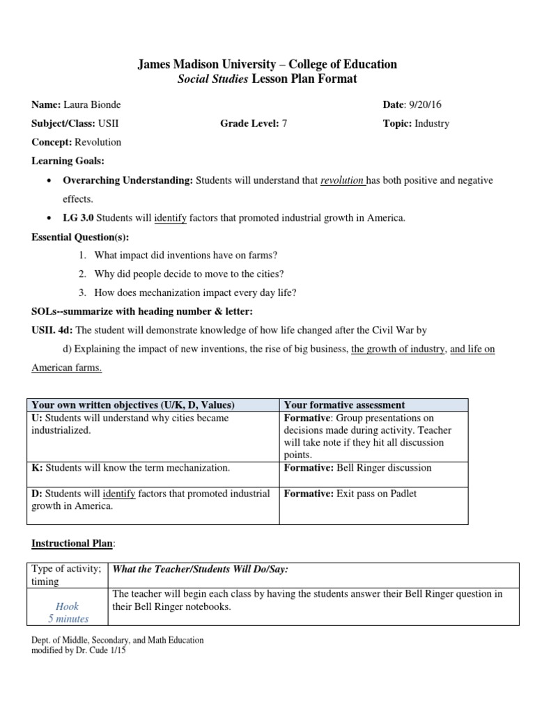 USII Lesson Plan: Industrial Revolution | PDF | Teachers | Applied ...