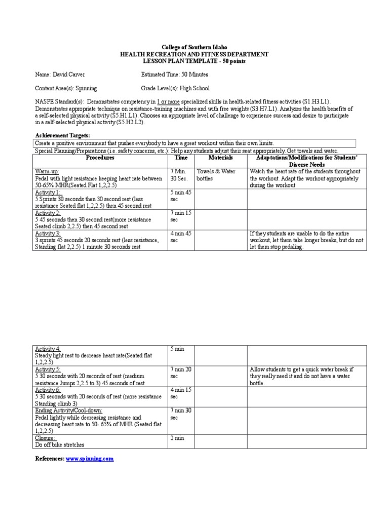 High School Spinning Lesson Plan | PDF | Physical Exercise | Wellness
