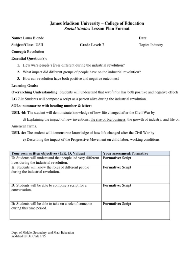 USII Industrial Revolution Lesson Plan | PDF | Educational Assessment ...